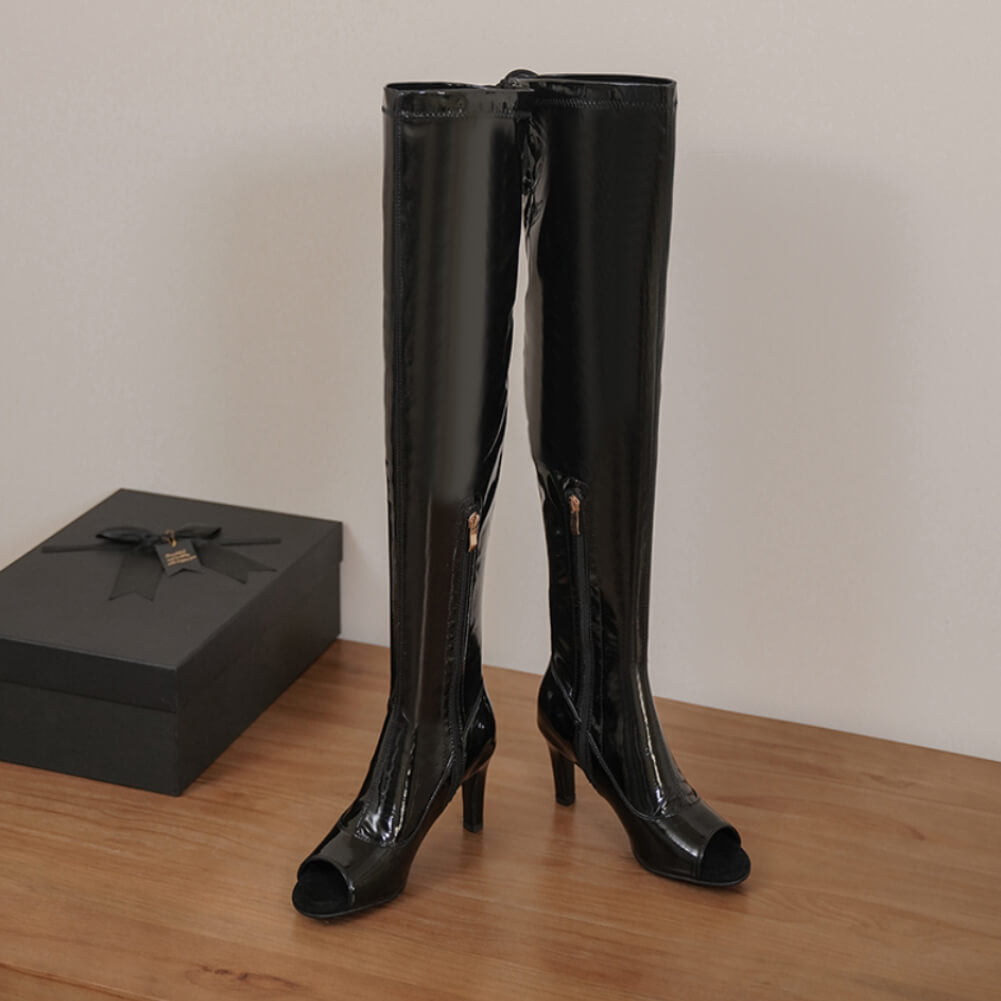 Shiny Black Open-Toe Over-The-Knee Boots